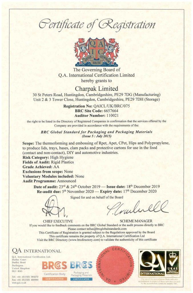 Accreditation | Plastic Packaging Manufacturers | Charpak Ltd
